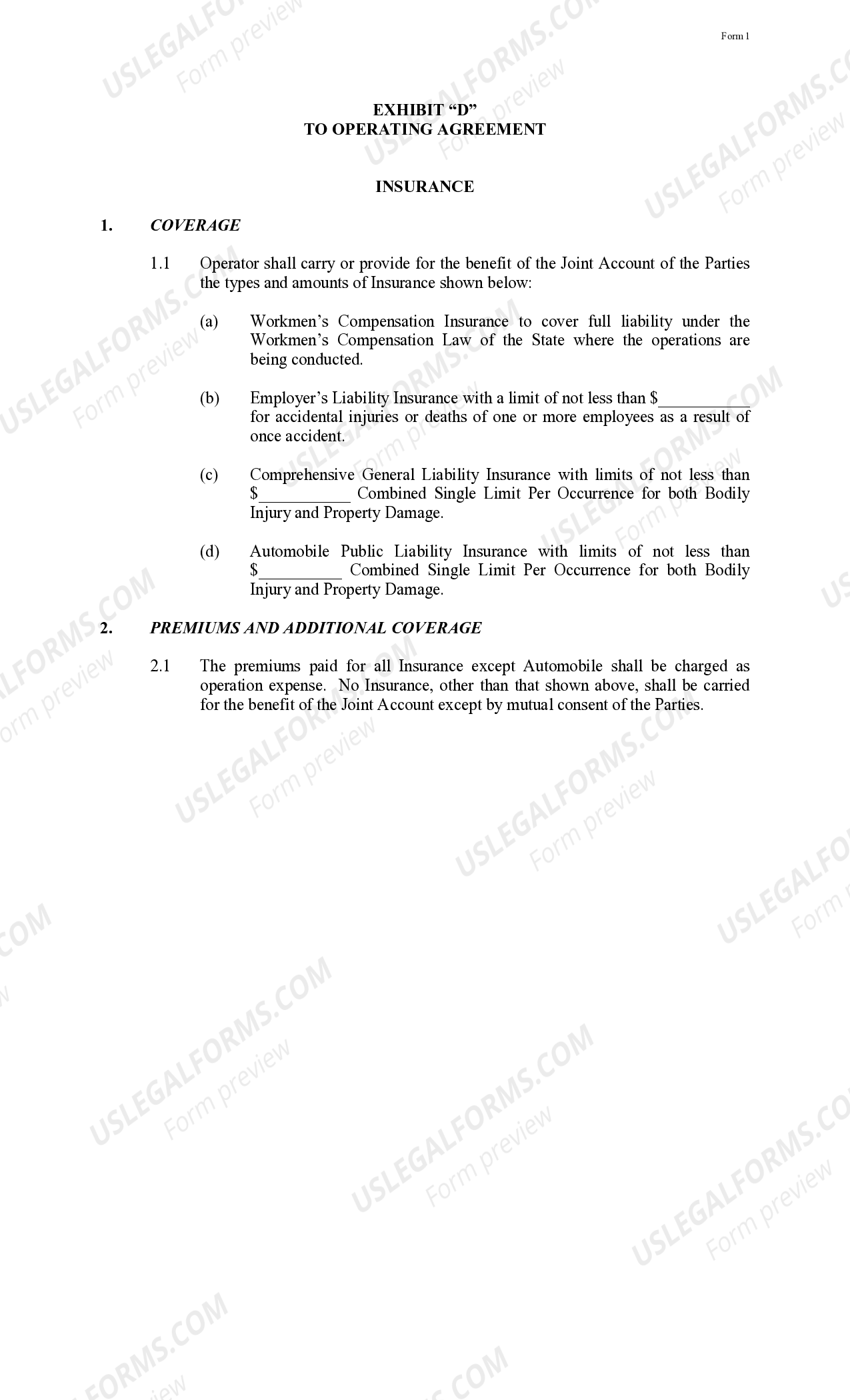 Exhibit D to Operating Agreement Insurance - Form 1 | US Legal Forms
