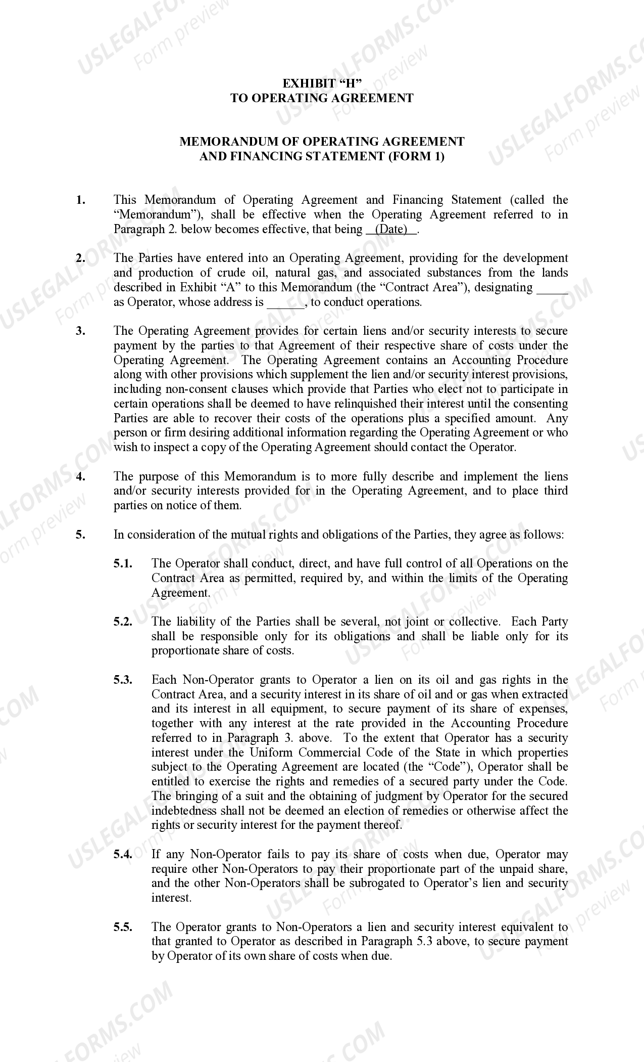 Exhibit H to Operating Agreement Memorandum of Operating Agreement and ...