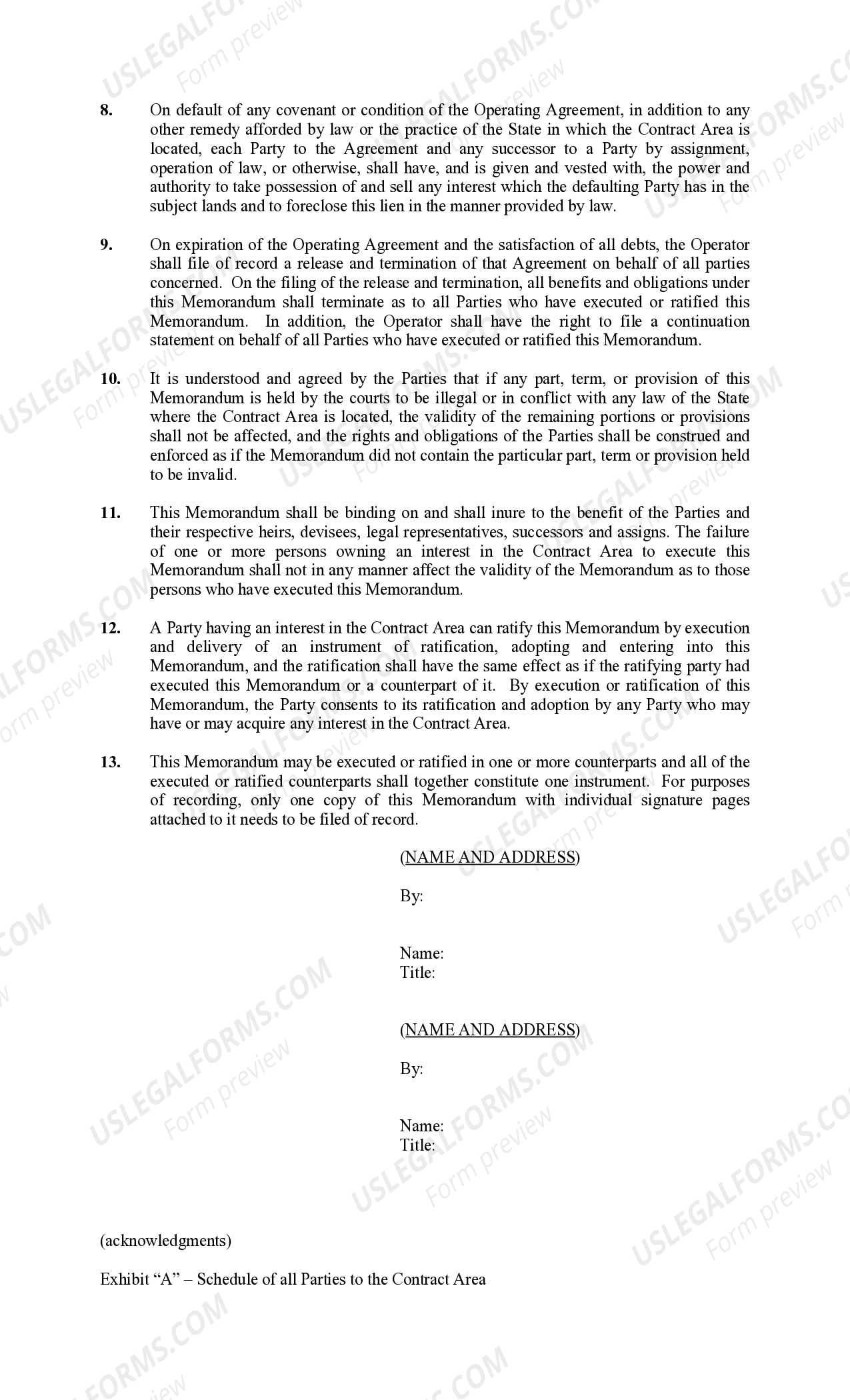 Exhibit H to Operating Agreement Memorandum of Operating Agreement and ...