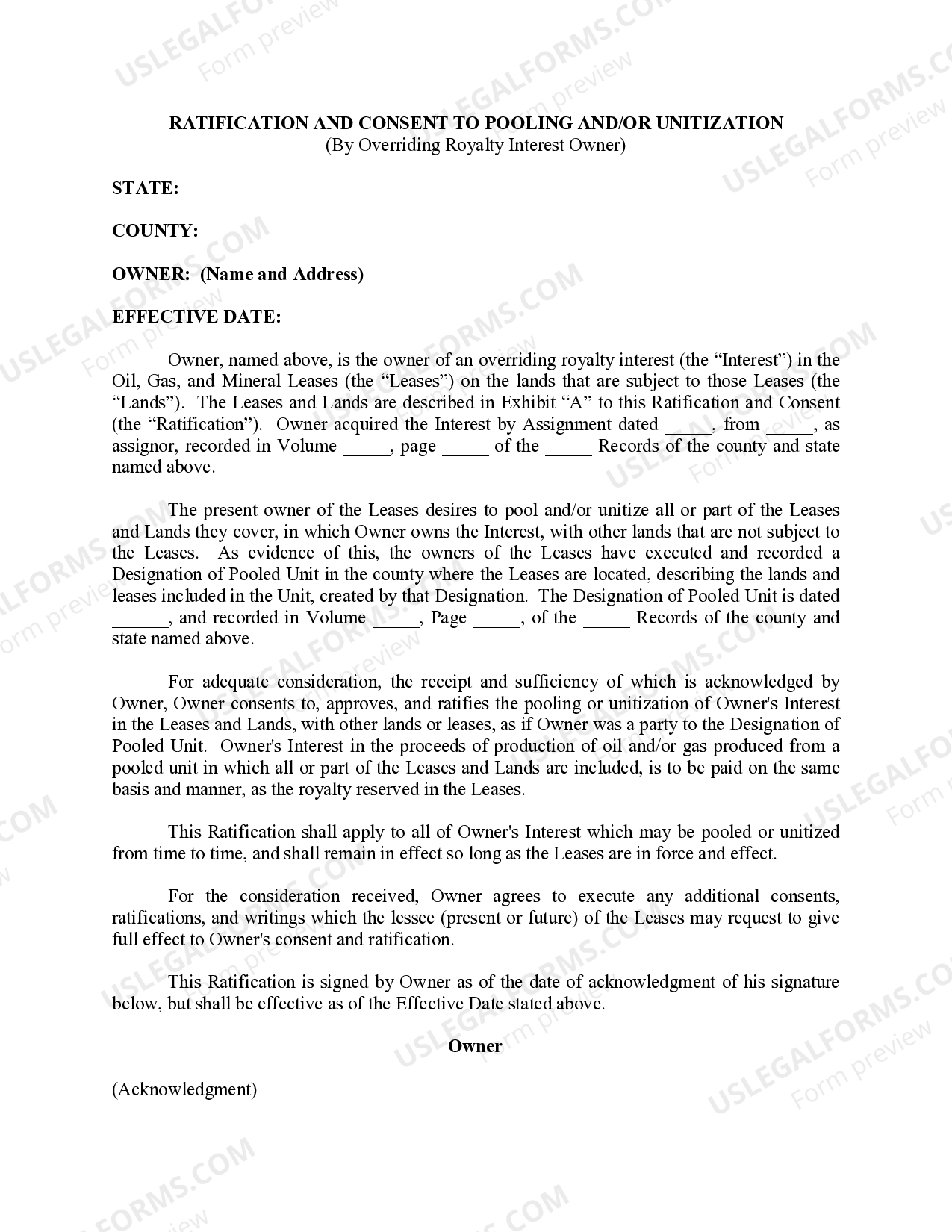 Ratification and Consent to Pooling and / or Unitization by Overriding ...