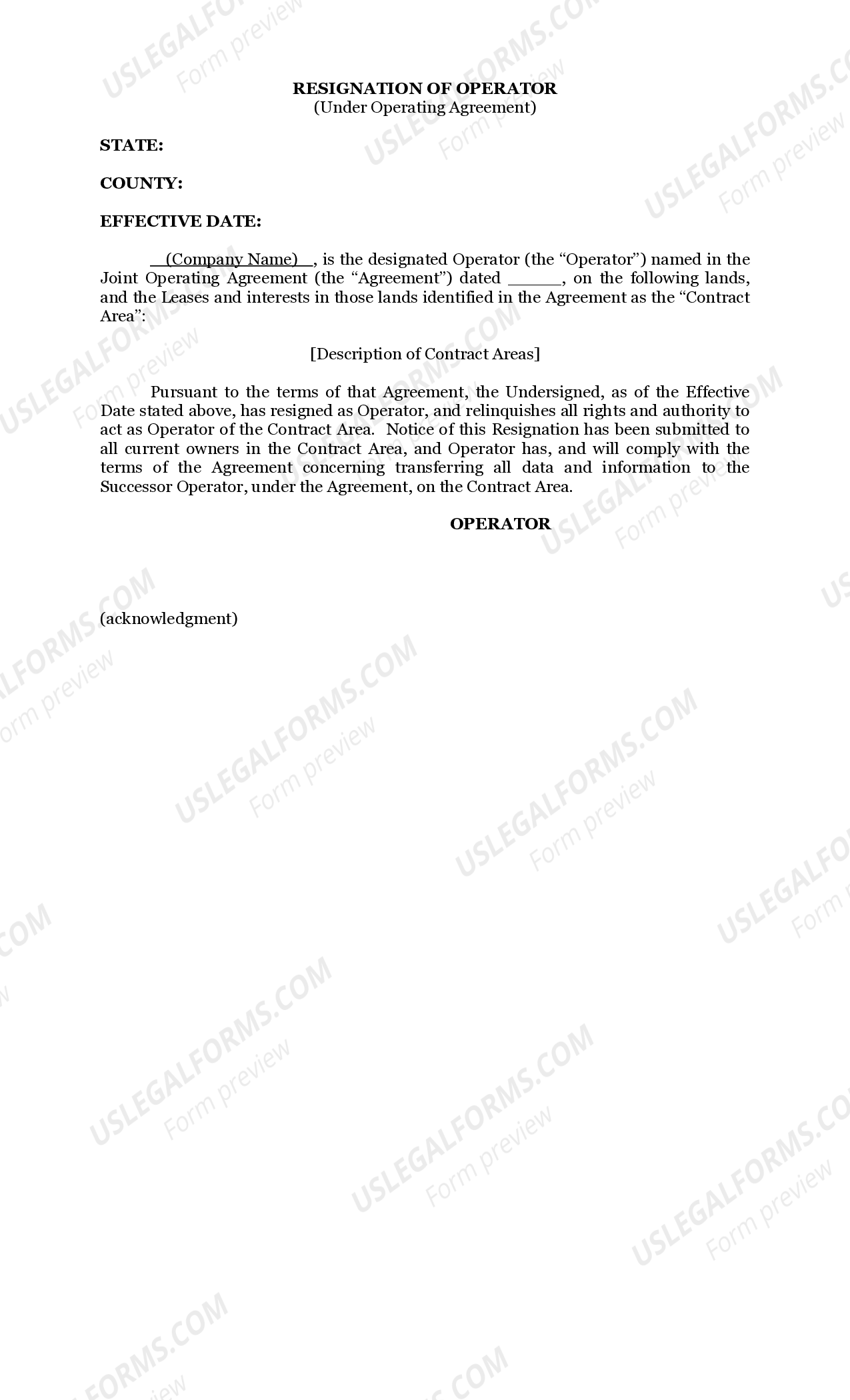 Resignation of Operator Under Operating Agreement | US Legal Forms