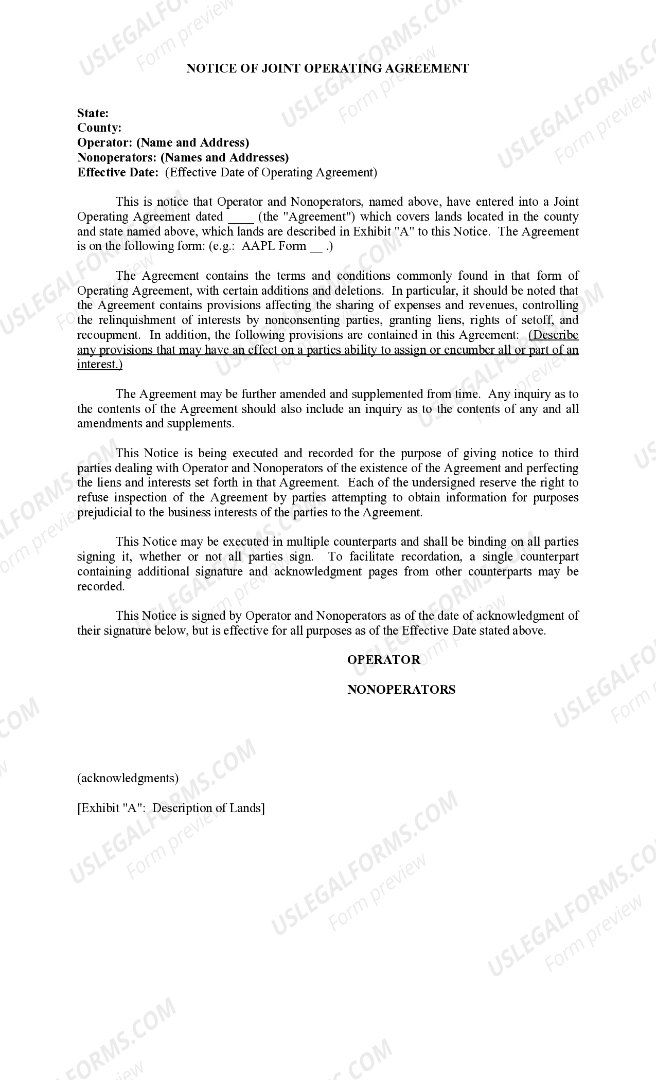 Notice of Joint Operating Agreement | US Legal Forms