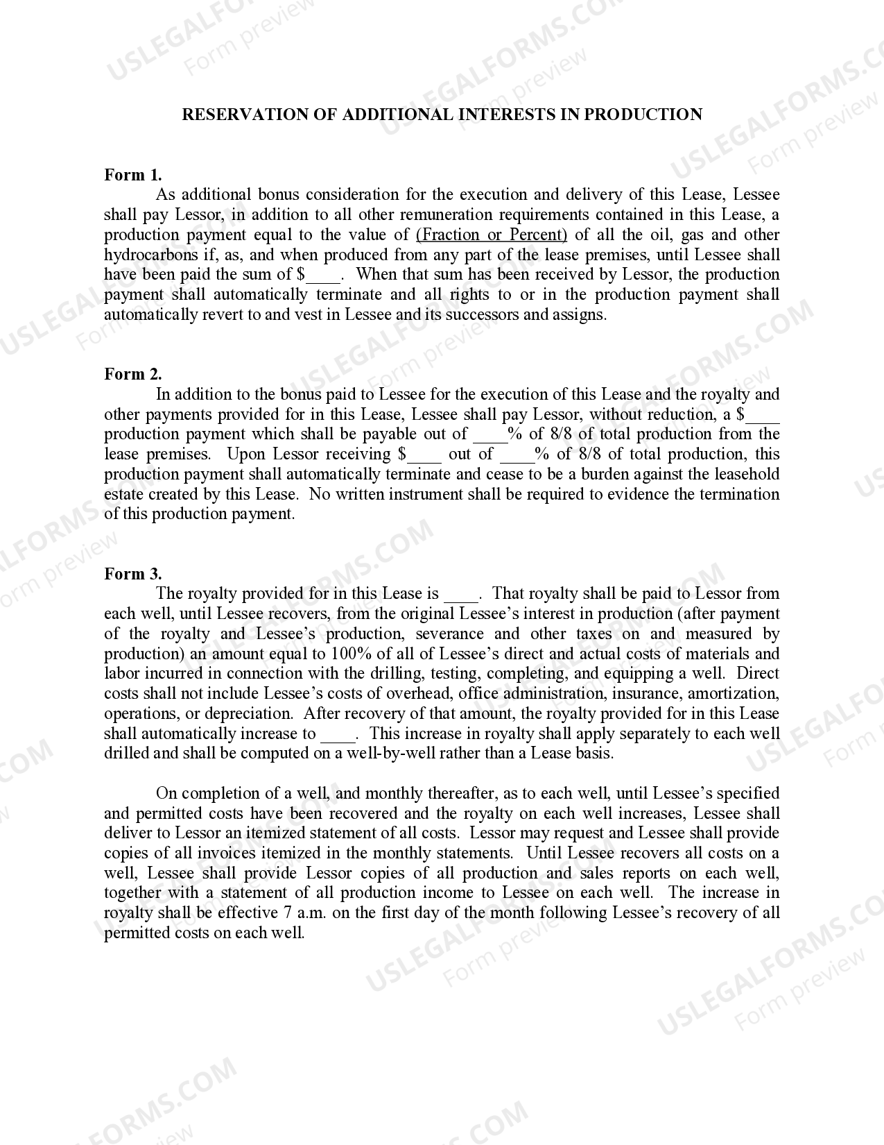 Reservation of Additional Interests in Production | US Legal Forms