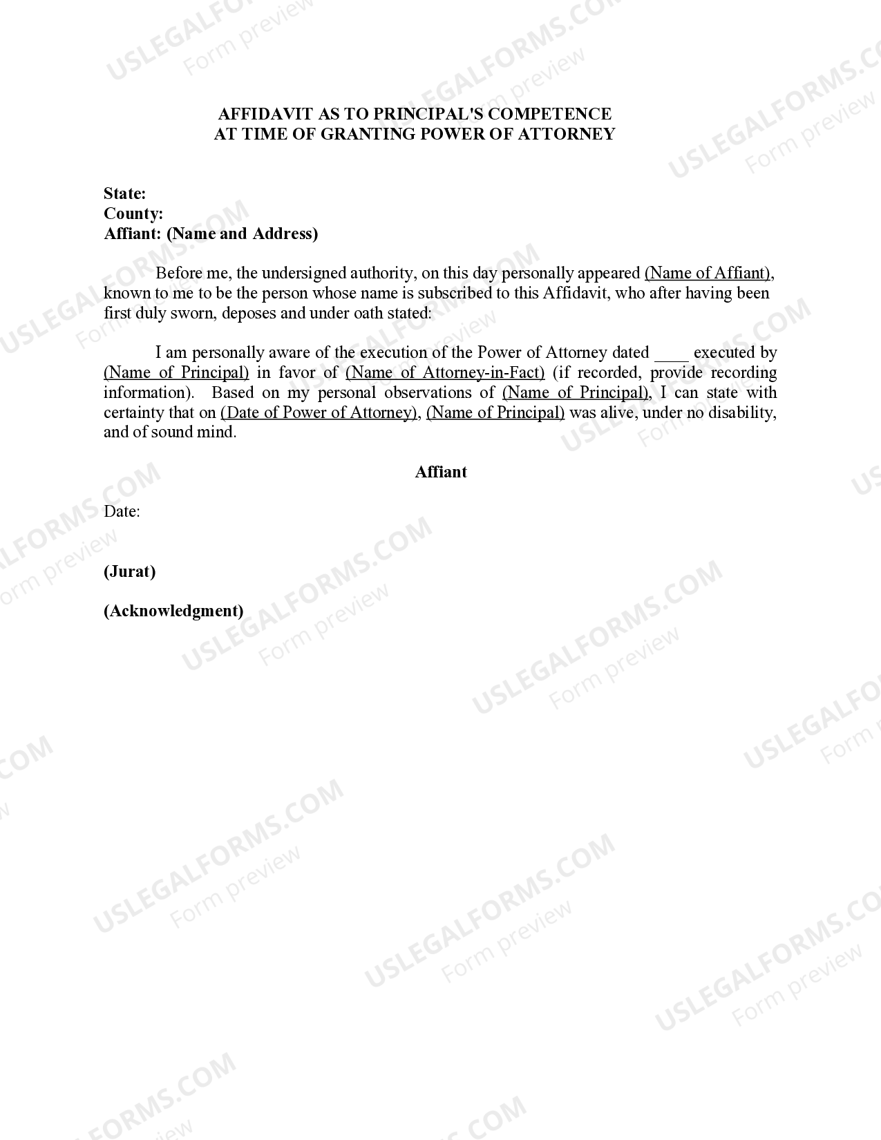 Affidavit as to Principal's Competence at Time of Granting Power of ...