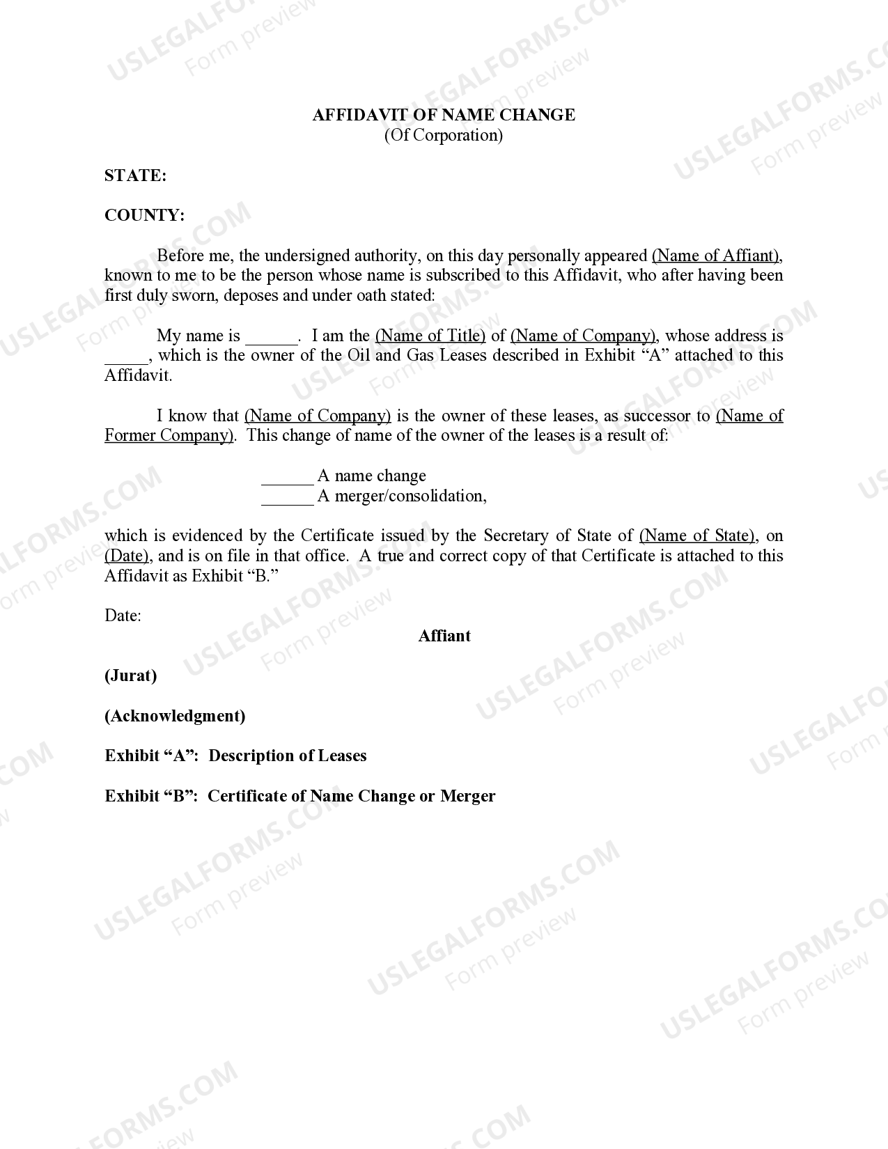 Affidavit of Name Change (Of Corporation) | US Legal Forms