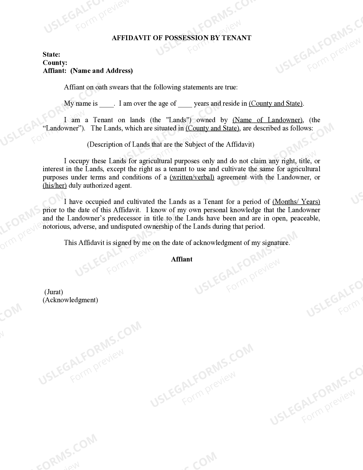 Affidavit of Possession by Tenant - Affidavit Of Possession | US Legal ...