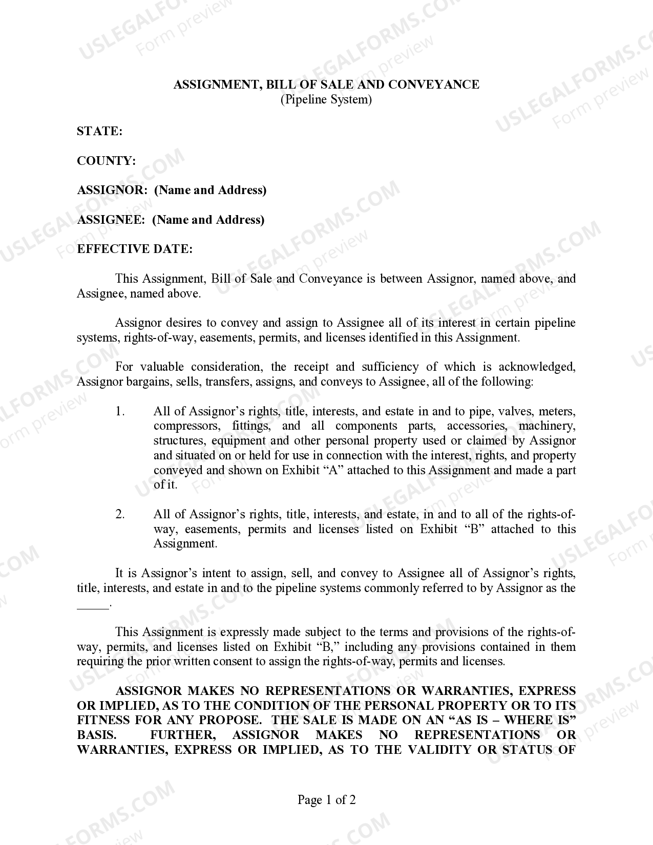 San Bernardino California Assignment, Bill of Sale and Conveyance (Pipeline System) | US Legal Forms