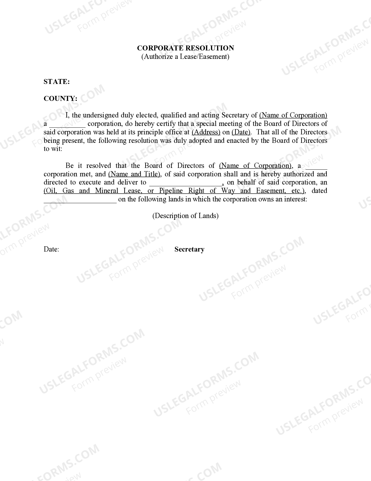 Corporate Resolution (Authorize a Lease/Easement) | US Legal Forms
