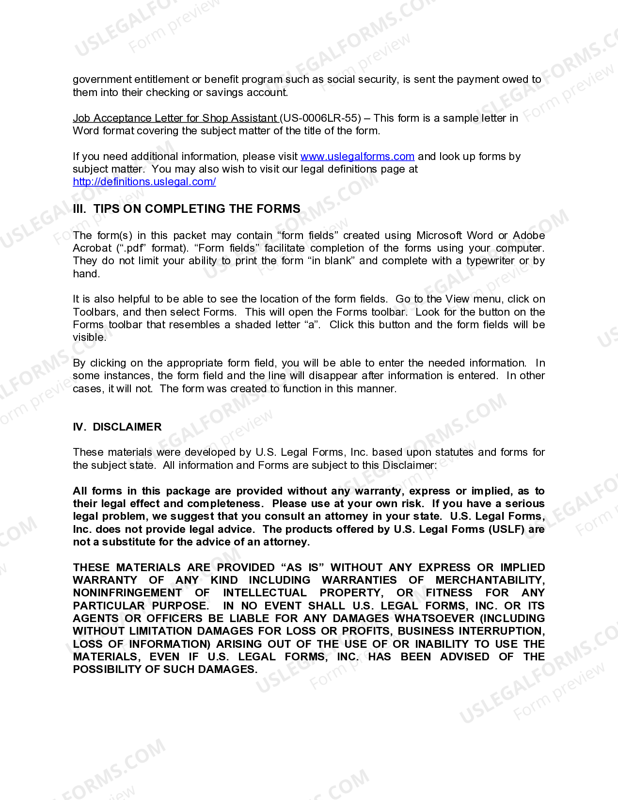 Employment Application and Job Offer Package for a Shop Assistant | US ...