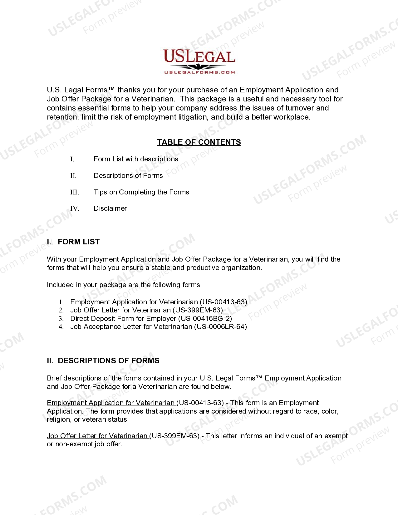 Employment Application and Job Offer Package for a Veterinarian ...