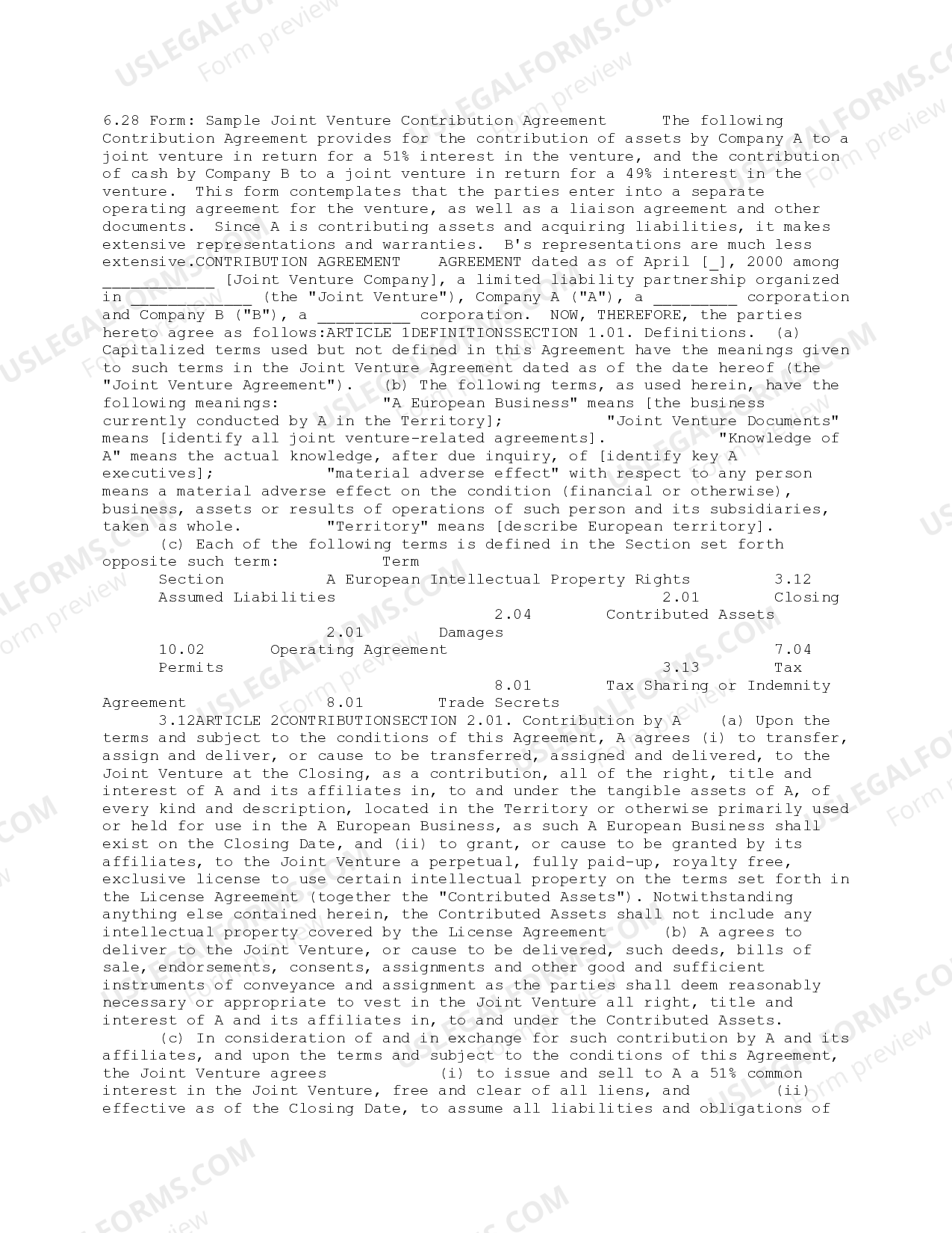 Joint Venture Contribution Agreement | US Legal Forms