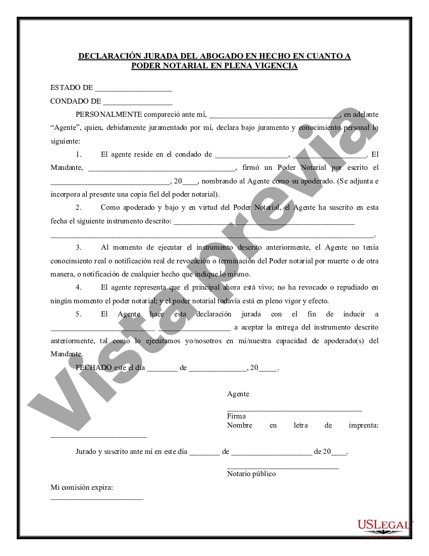 Declaración jurada del apoderado de que el poder notarial está en pleno ...