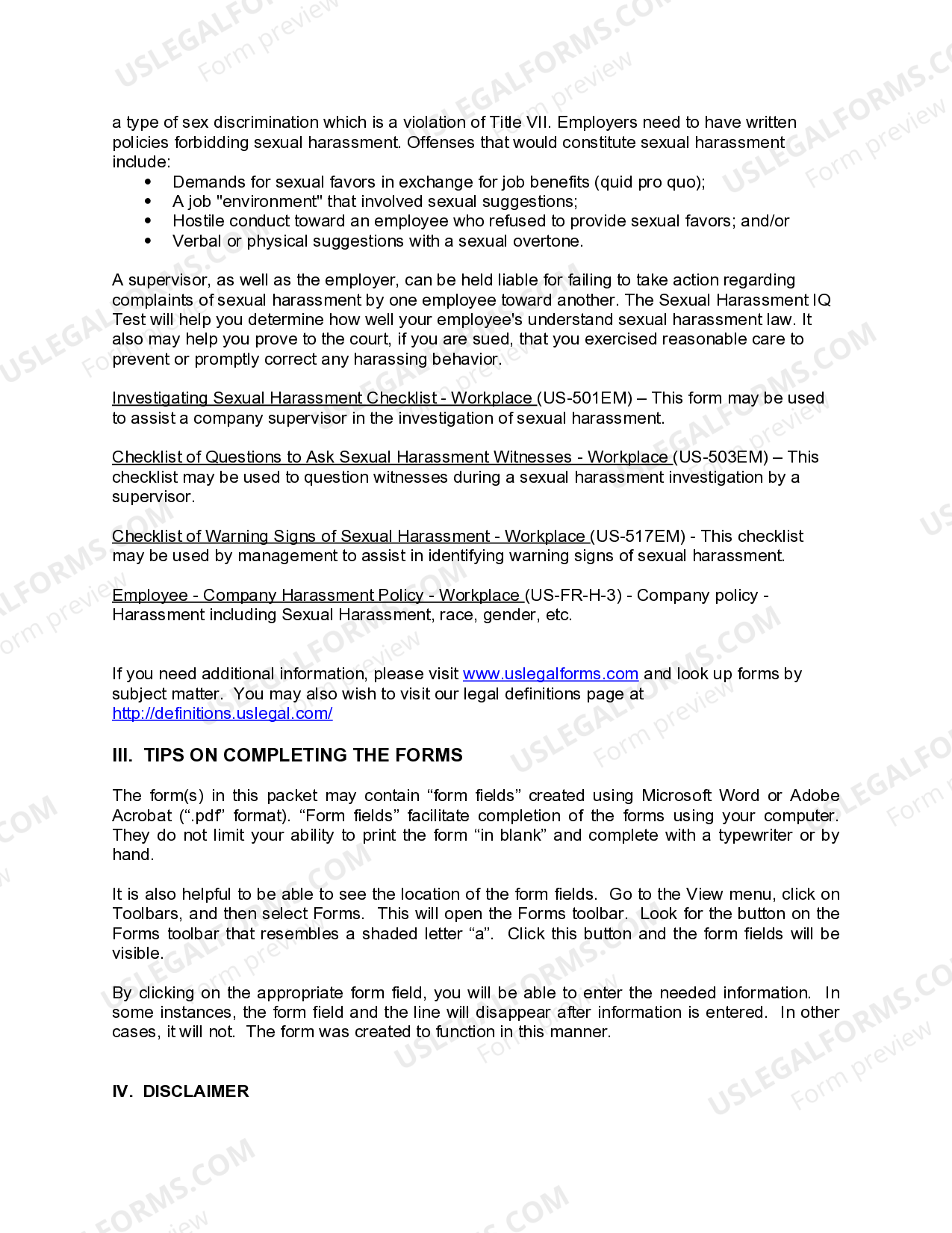 Employment Harassment Package | US Legal Forms