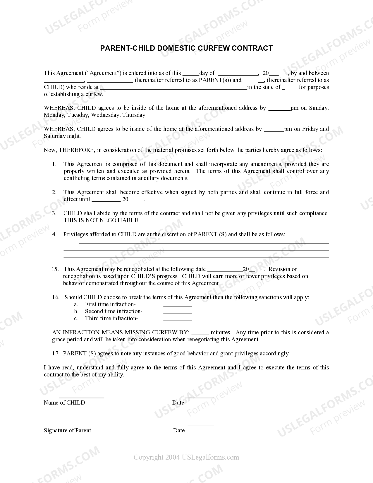 Connecticut Parent - Child Domestic Curfew Contract - Child Curfew | US ...