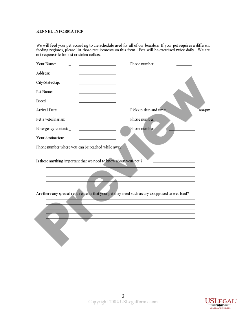 Wisconsin Pet Boarding Agreement Dog Boarding Contracts US Legal Forms