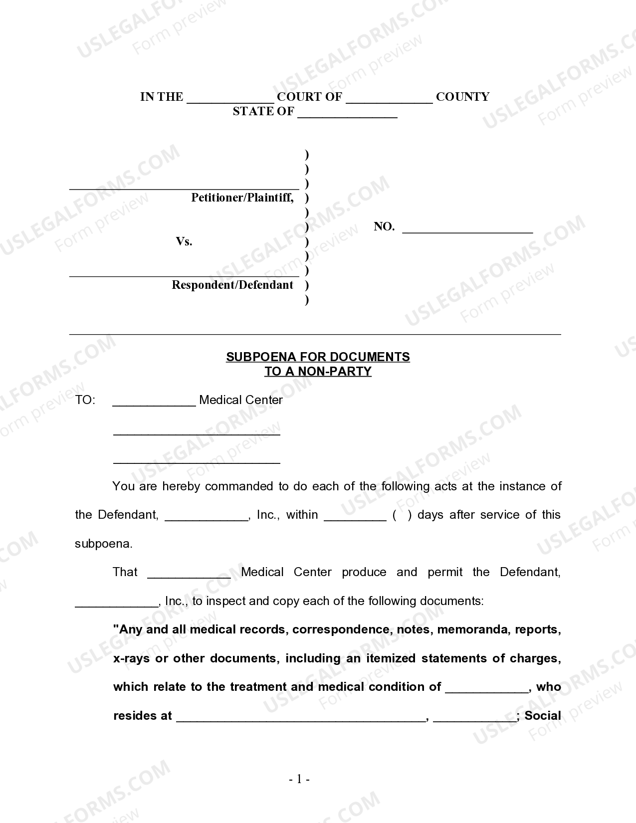 Subpoena for Documents to a Nonparty | US Legal Forms