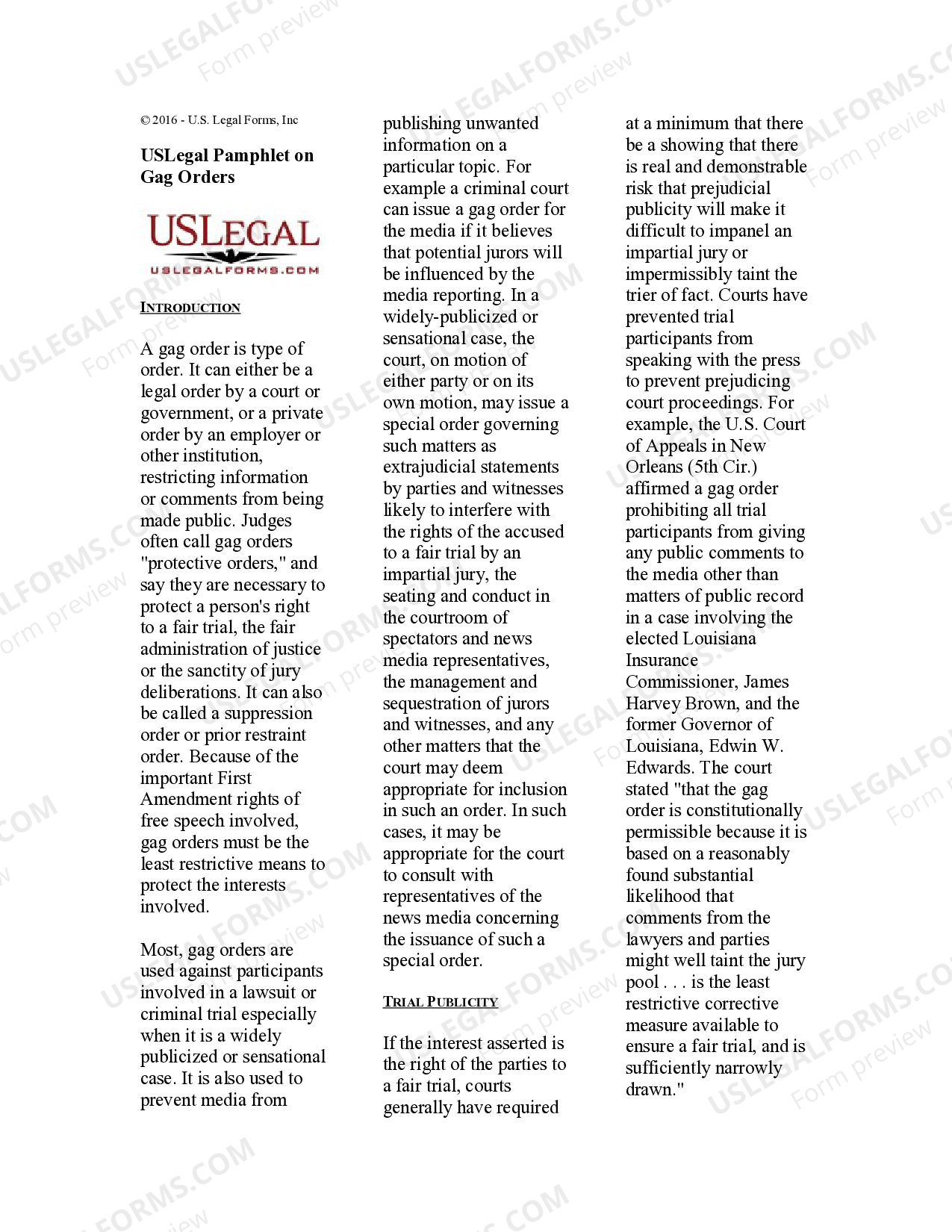 USLegal Pamphlet on Gag Orders - Gag Order Sample | US Legal Forms