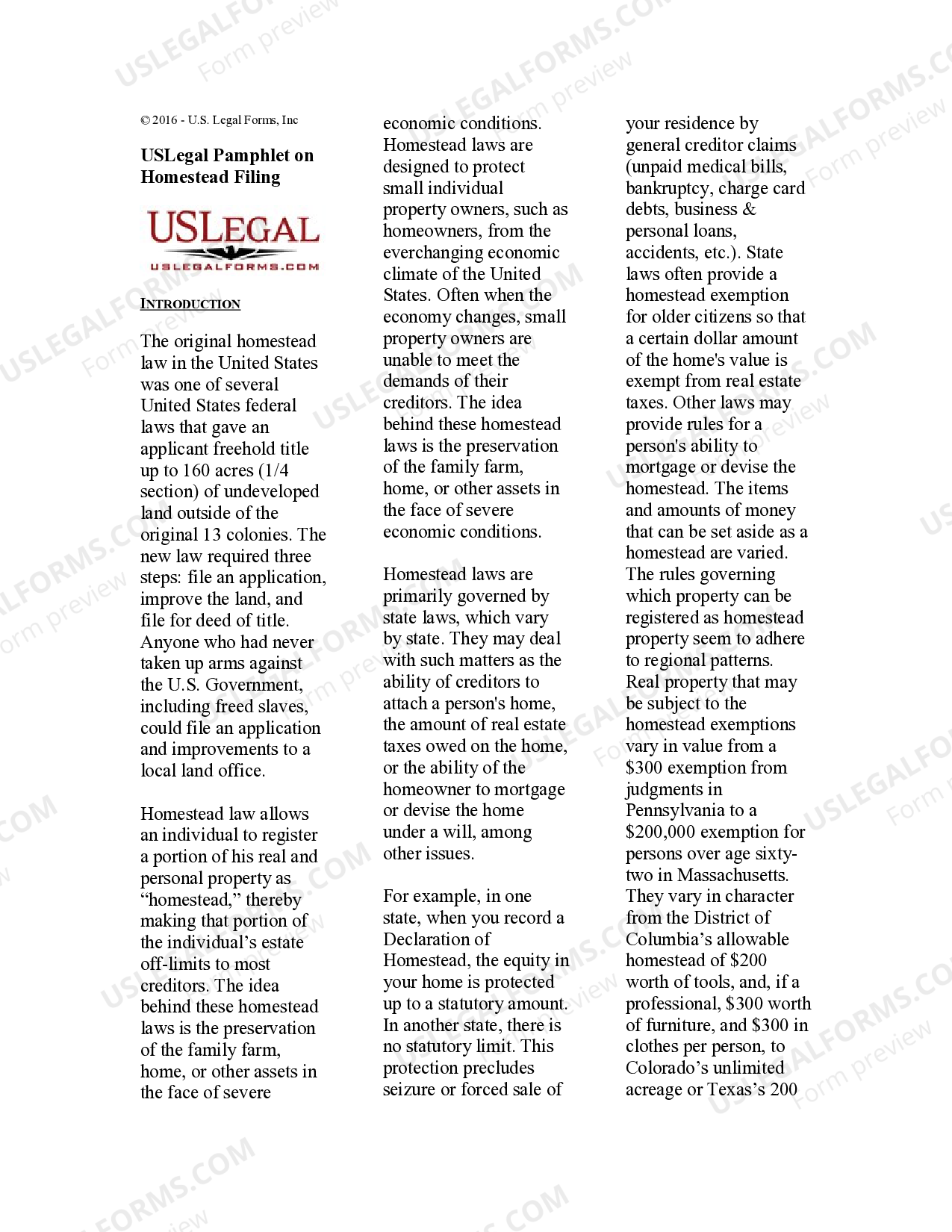West Virginia USLegal Pamphlet on Homestead Filing | US Legal Forms