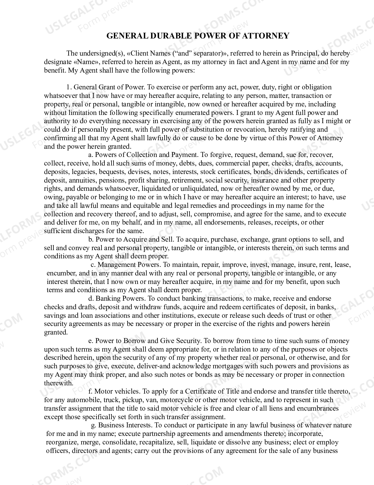 Power of Attorney - Appointing Agent to Act for Principal Regarding all ...