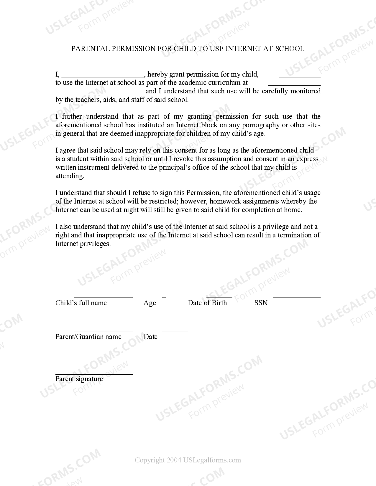 Tennessee Parental Permission For Child To Use Internet At School ...