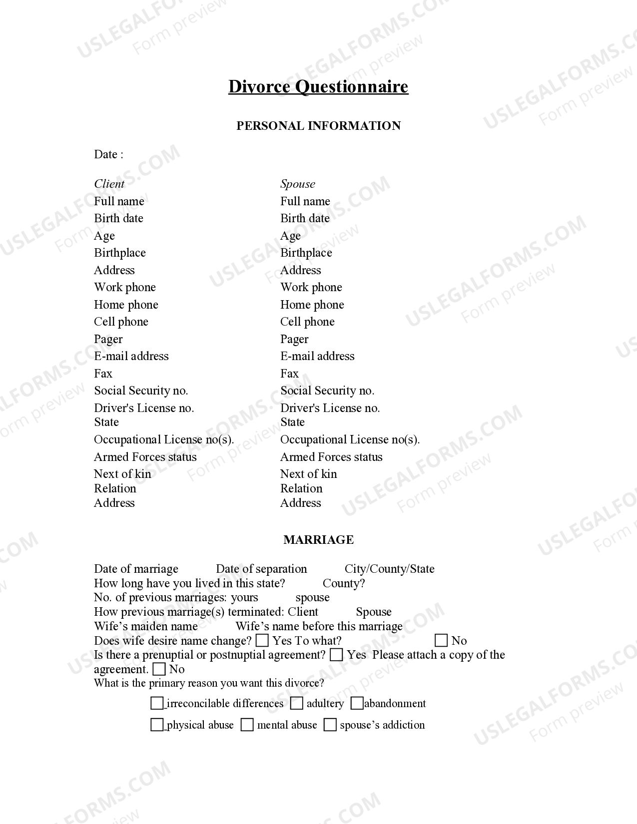 Divorce Questionnaire | US Legal Forms