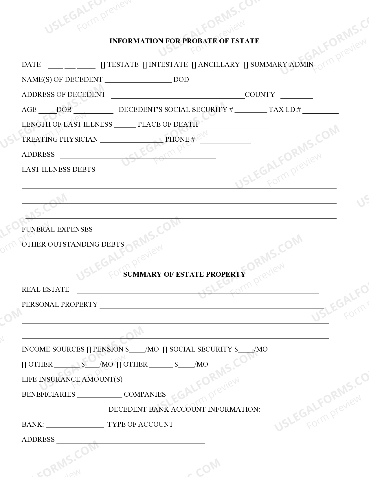 Information For Probate of Estate | US Legal Forms