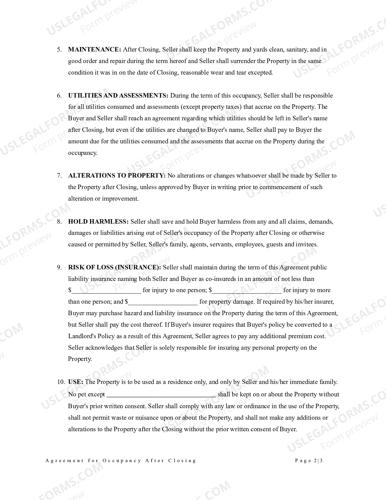Agreement for Occupancy After Closing: by Seller | US Legal Forms
