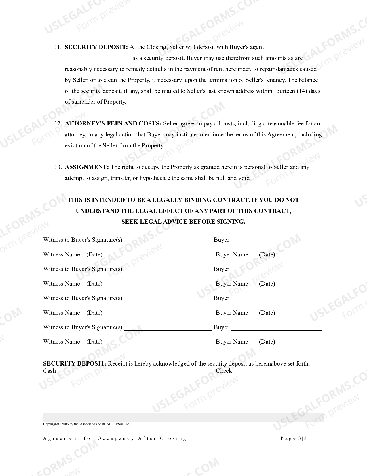 Agreement for Occupancy After Closing: by Seller | US Legal Forms