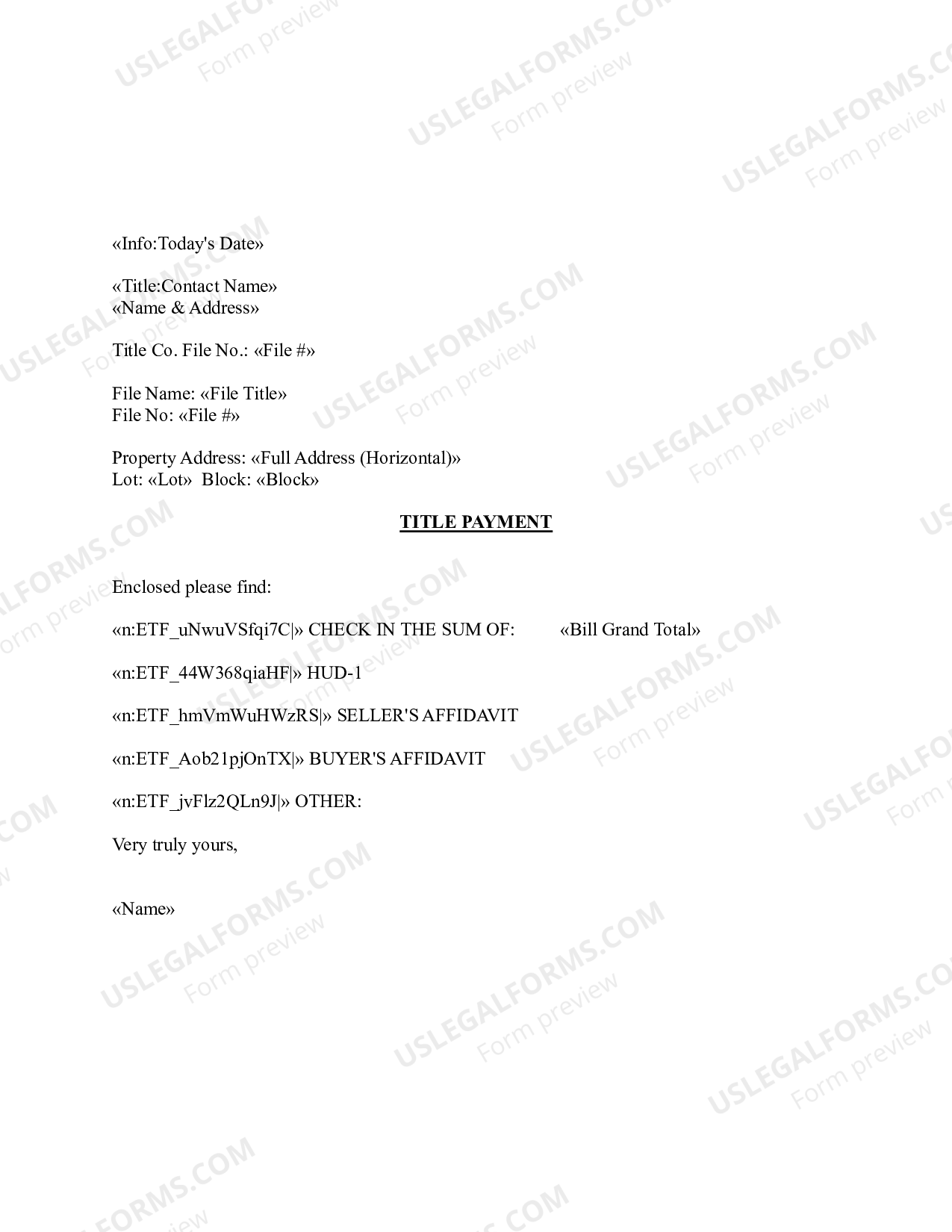 Letter: Title Payment | US Legal Forms