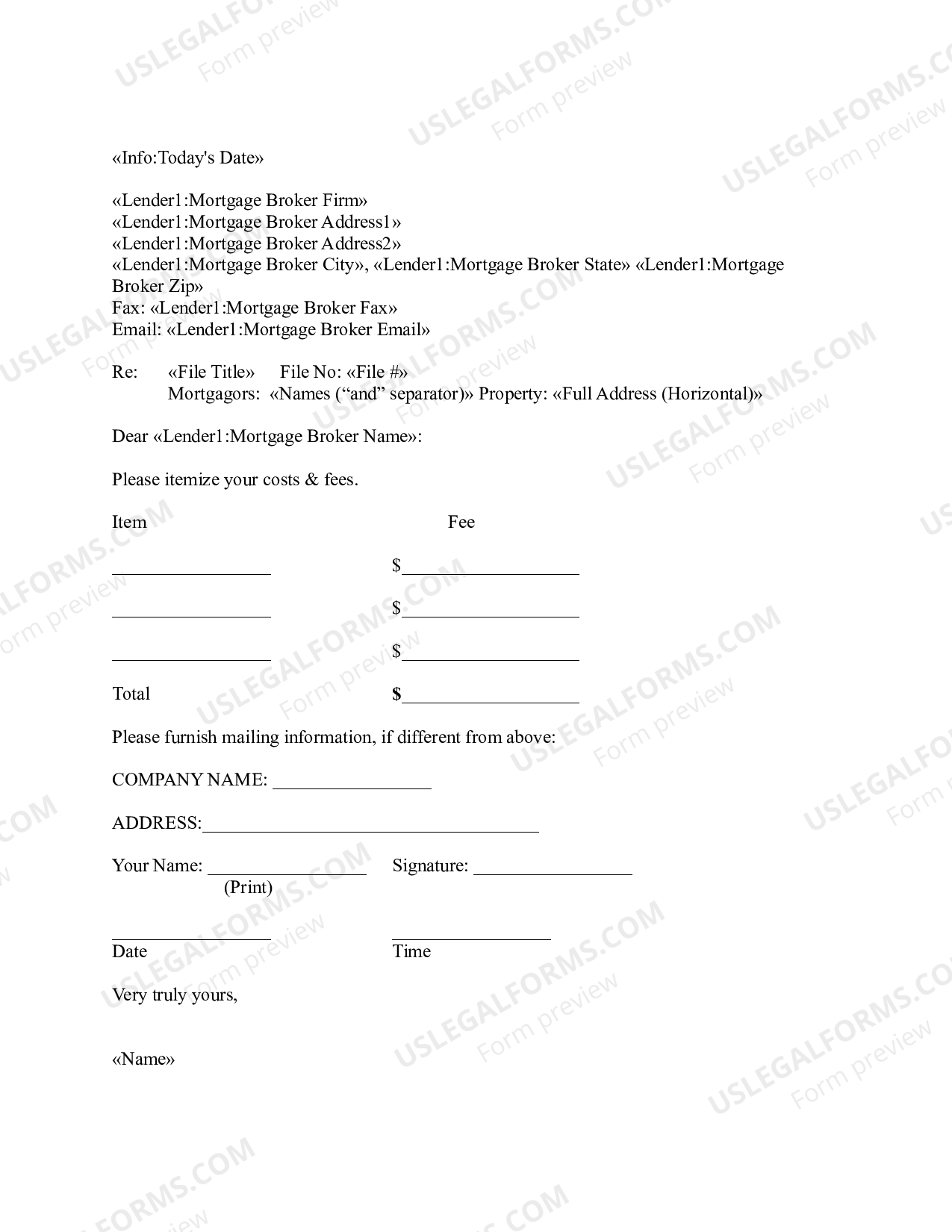 Letter: Mortgage Broker Fee Request | US Legal Forms