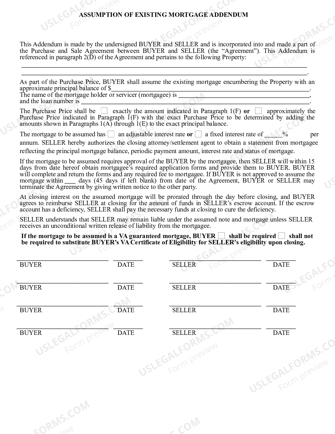 Assumption of Existing Mortgage Addendum | US Legal Forms