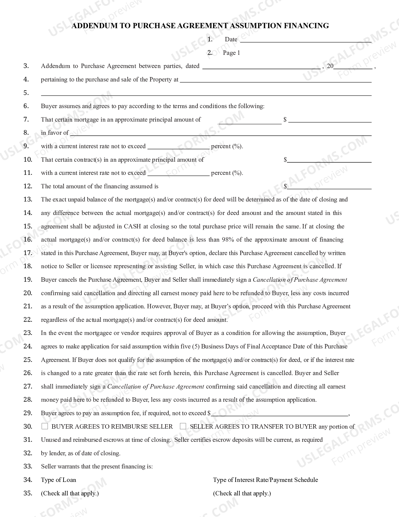 Addendum to Purchase Agreement - Assumption Financing | US Legal Forms