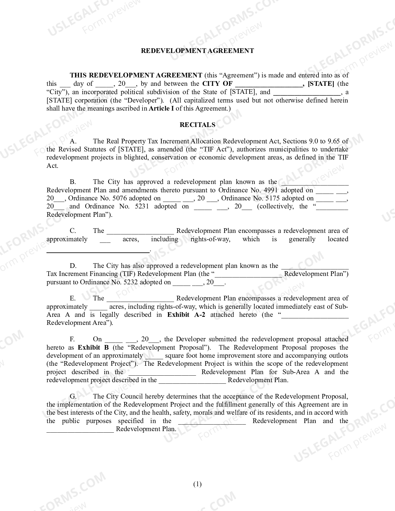 Redevelopment Agreement | US Legal Forms