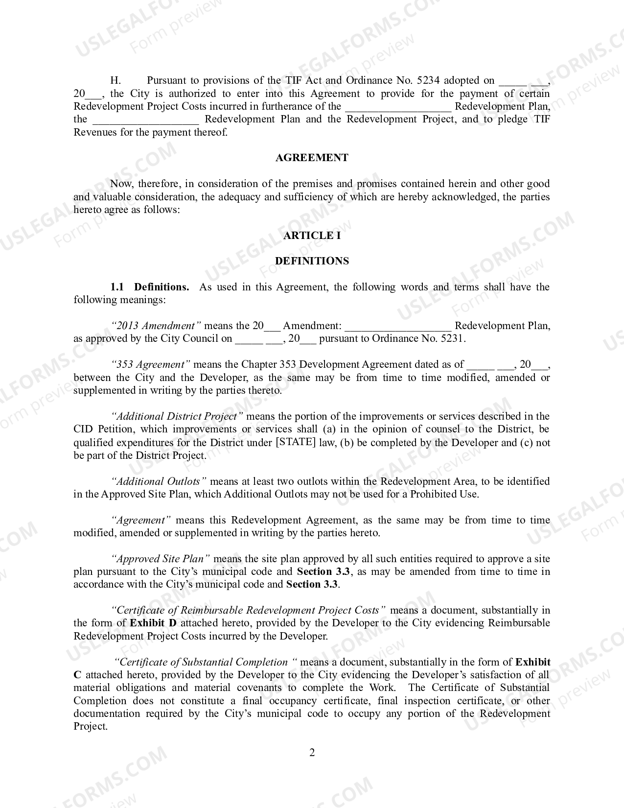 Redevelopment Agreement | US Legal Forms