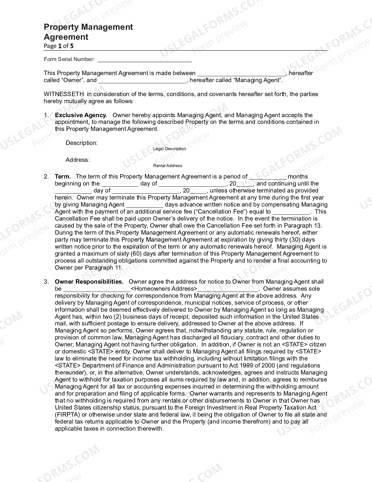 Property Management Agreement | US Legal Forms