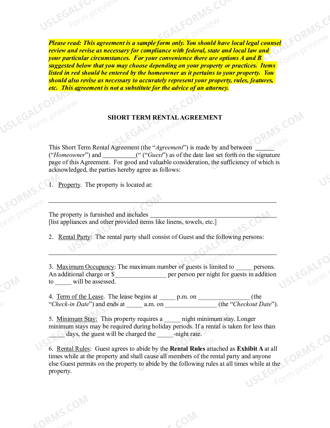Short Term Rental Agreement | US Legal Forms