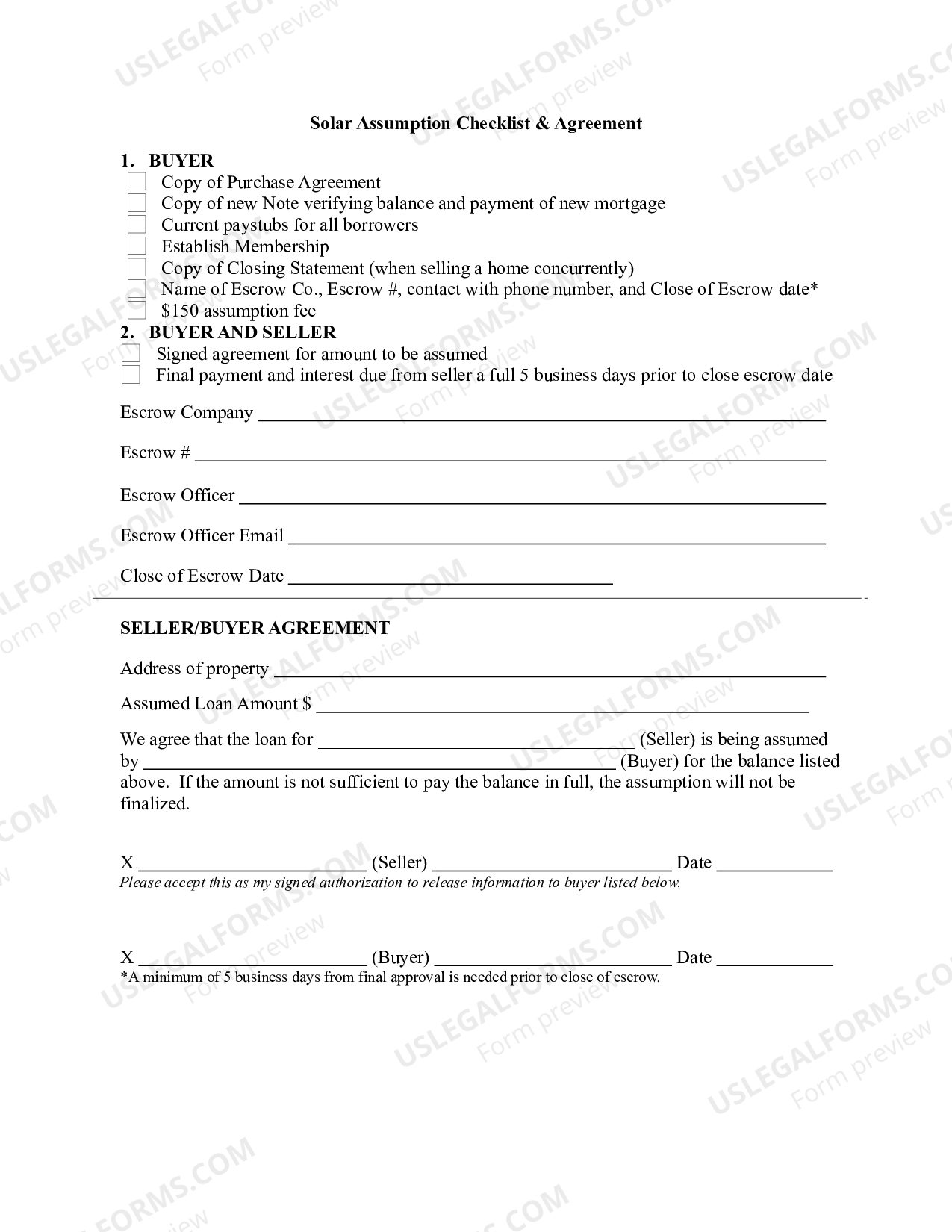 Solar Assumption Checklist and Agreement | US Legal Forms