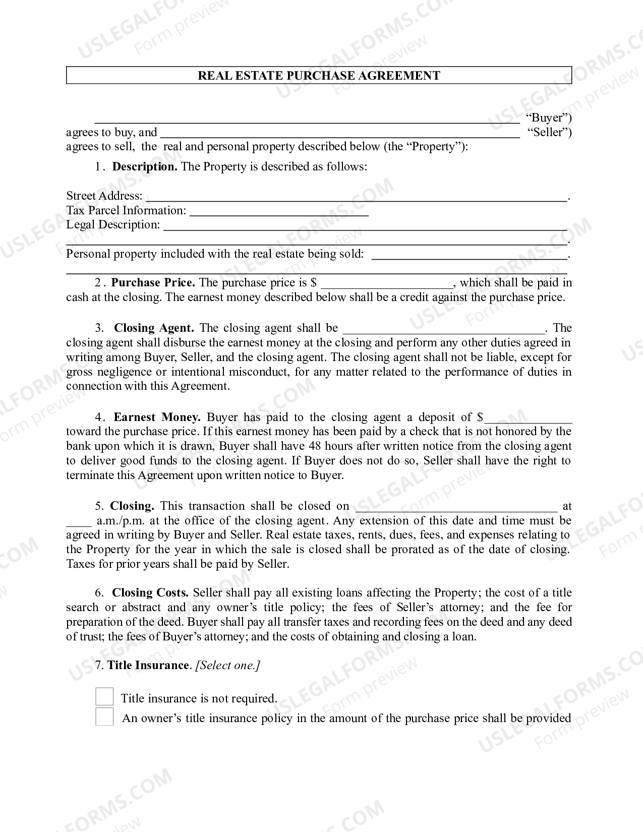 Real Estate Purchase Agreement | US Legal Forms