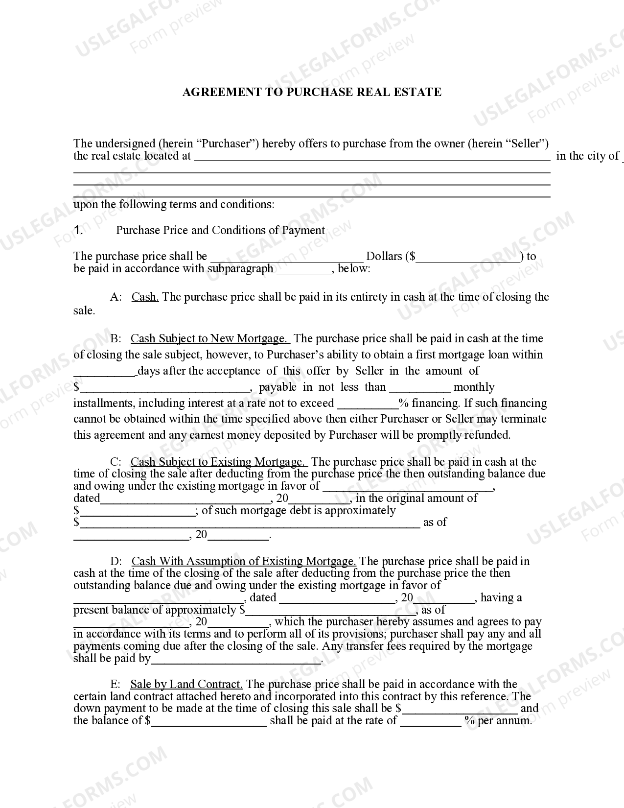 Agreement to Purchase Real Estate | US Legal Forms