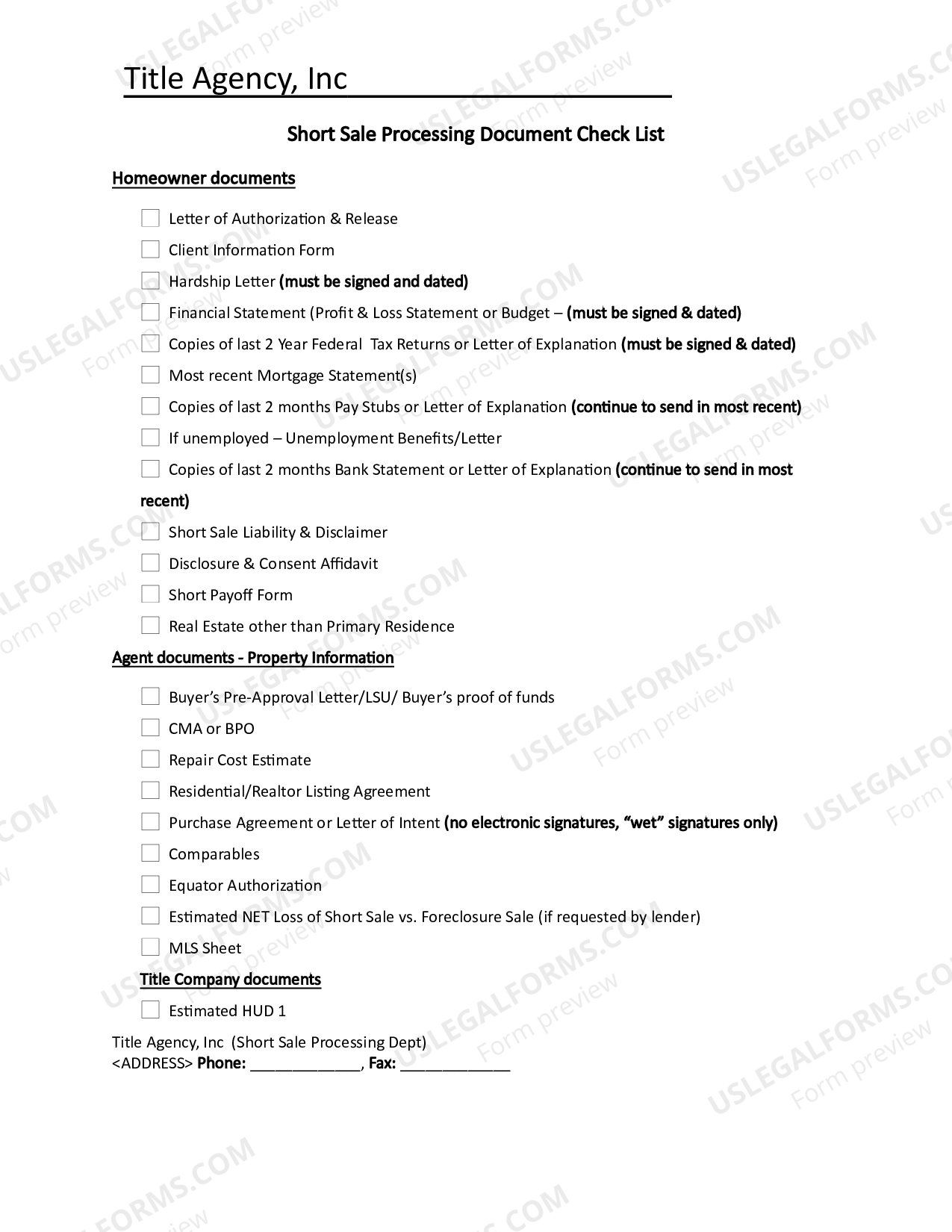 Short Sale Processing Document and Agreement | US Legal Forms