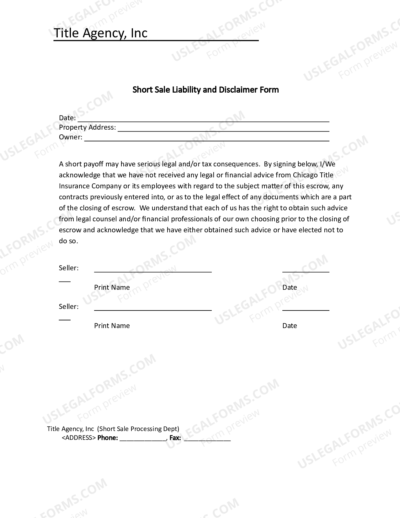 Short Sale Processing Document and Agreement | US Legal Forms