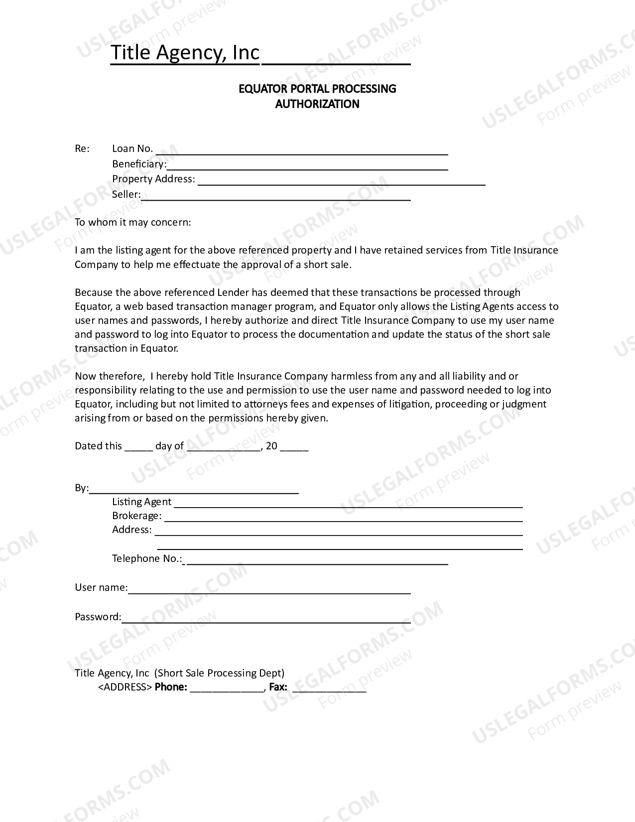 Short Sale Processing Document and Agreement | US Legal Forms