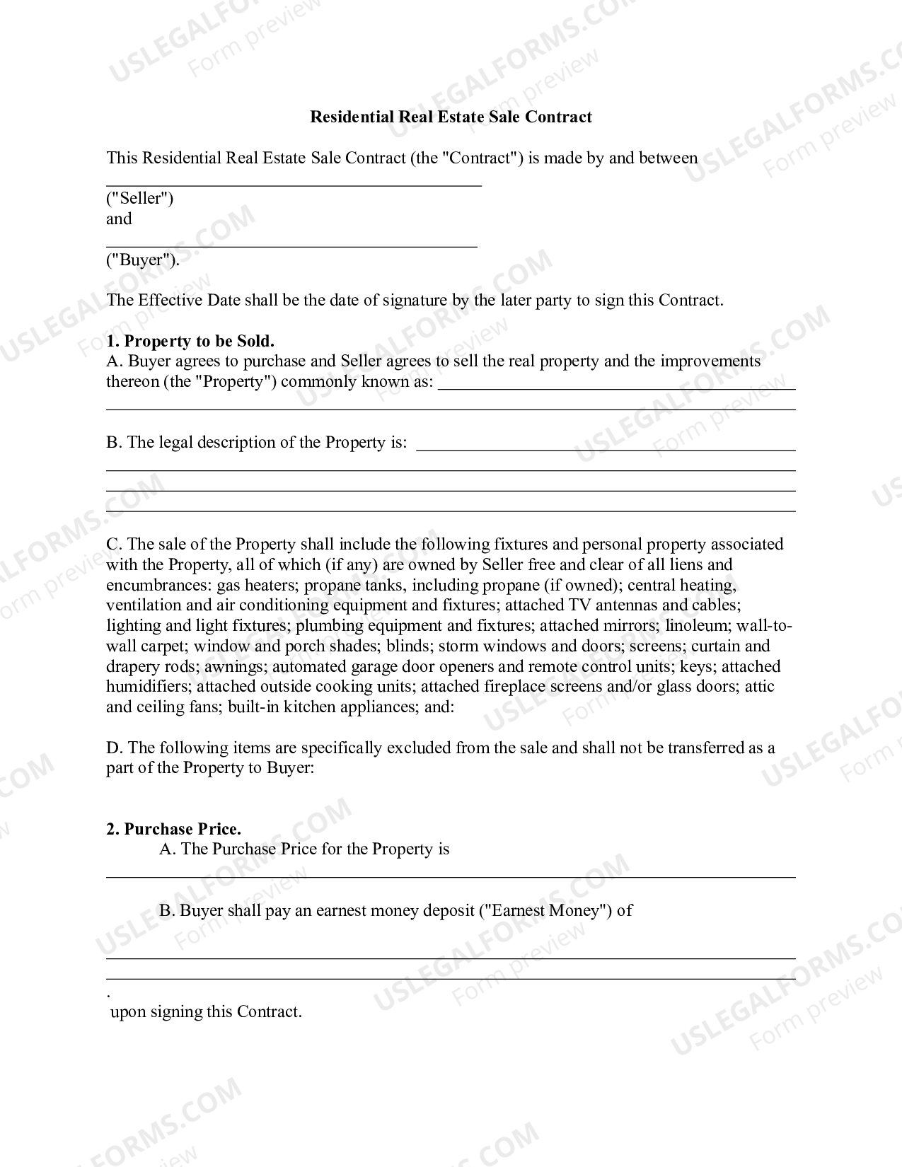 Residential Real Estate Contract | US Legal Forms