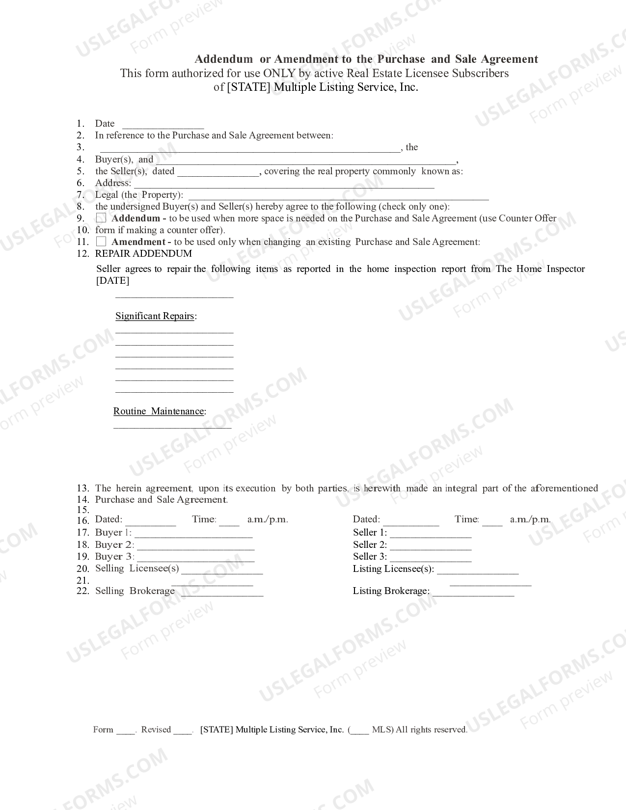 Addendum or Amendment to the Purchase and Sale Agreement | US Legal Forms