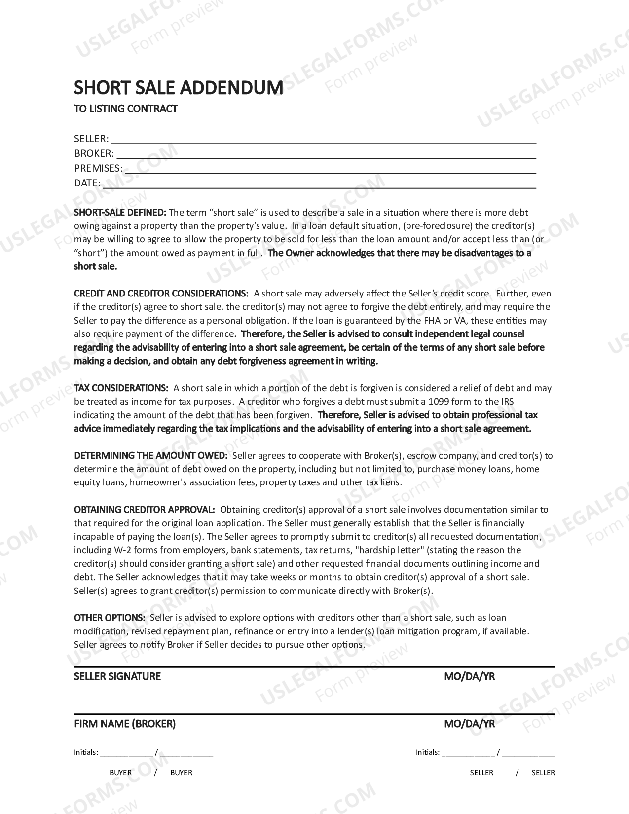 Short Sale Addendum to Contract to Buy and Sell Real Estate | US Legal ...