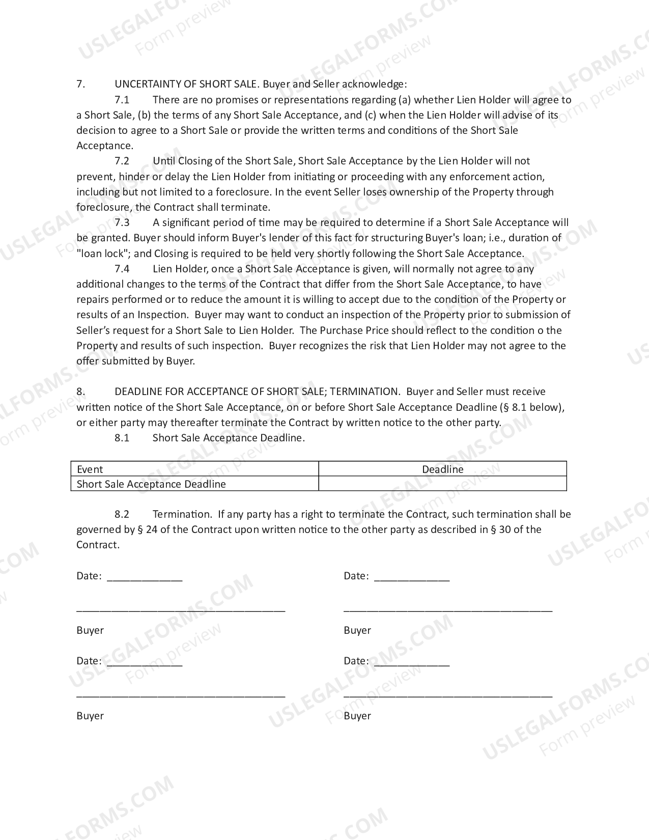 Short Sale Addendum to Contract to Buy and Sell Real Estate | US Legal ...
