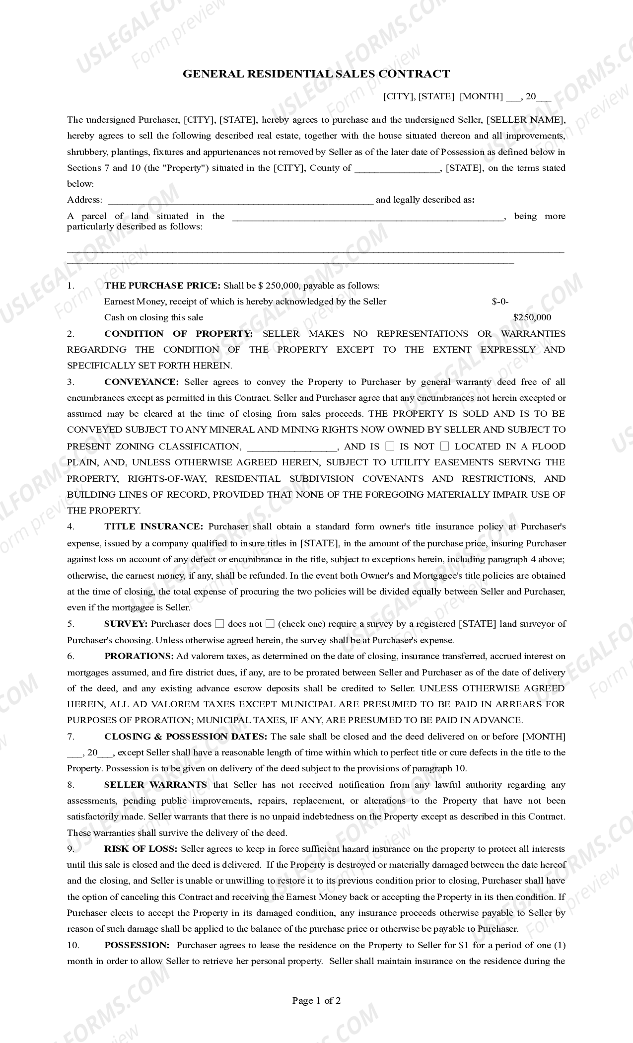 General Residential Sales Contract - City as Purchaser | US Legal Forms