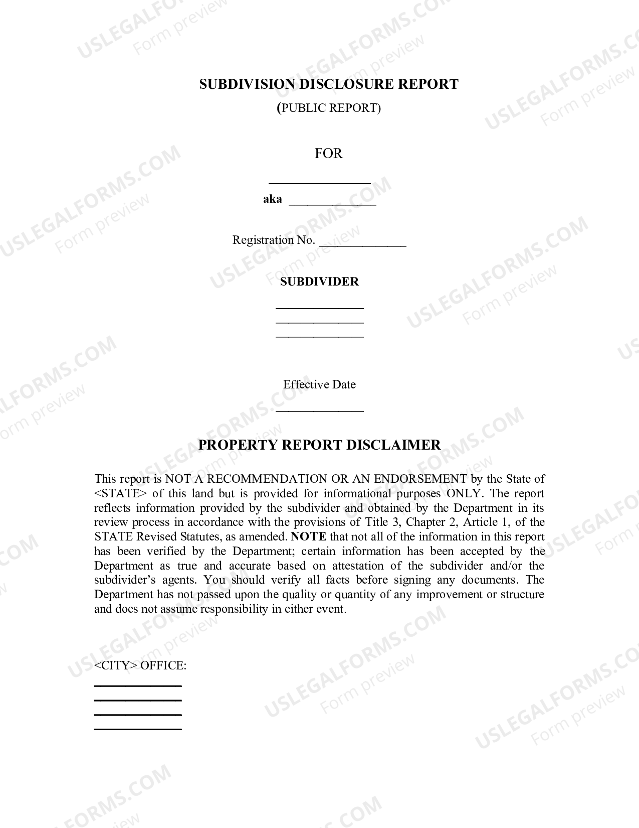 Subdivision Disclosure Report (public report) | US Legal Forms
