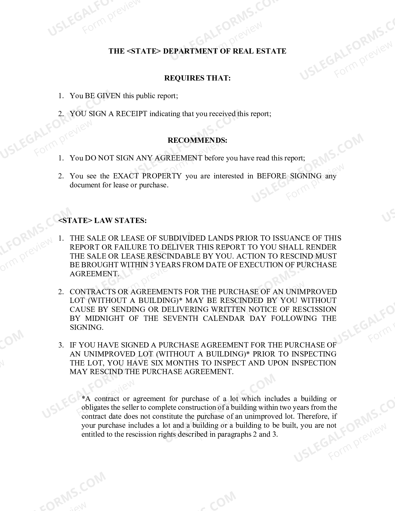 Subdivision Disclosure Report (public report) | US Legal Forms