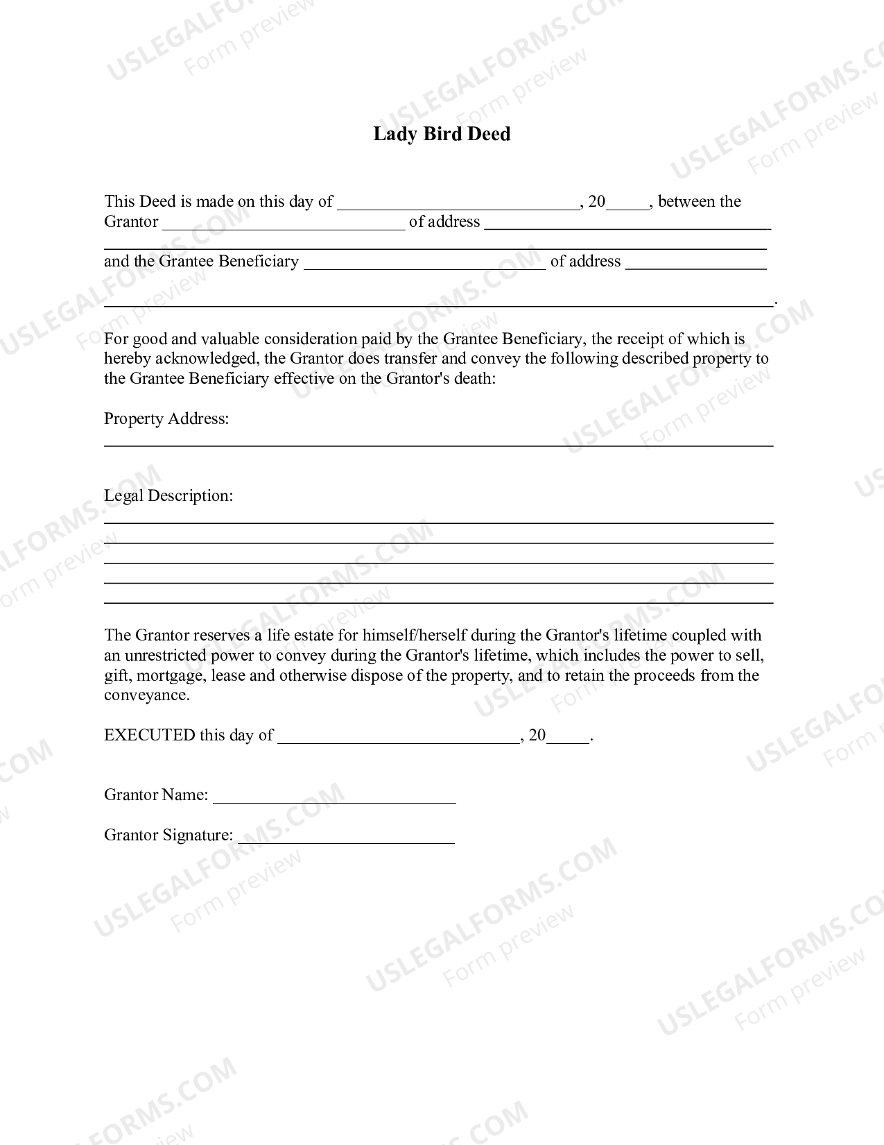 Basic Lady Bird Deed | US Legal Forms